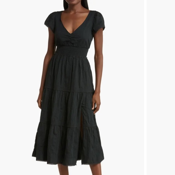 PAIGE | Dresses | New Paige Soledad Midi V Neck Scalloped Black Tiered ...